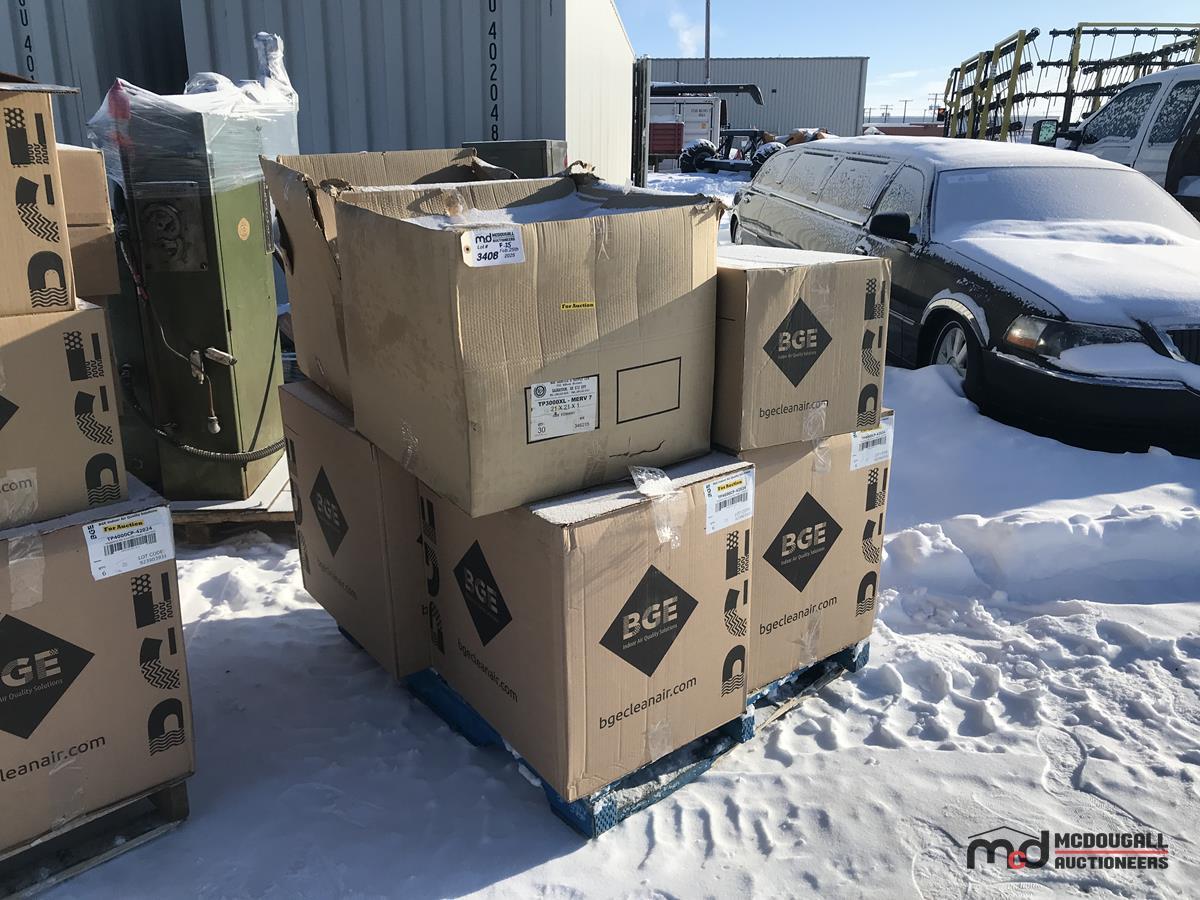 Pallet of BGE Filters, Metal Riga-Flo, Bosch Case, Tool Bag & Pleated Panel
