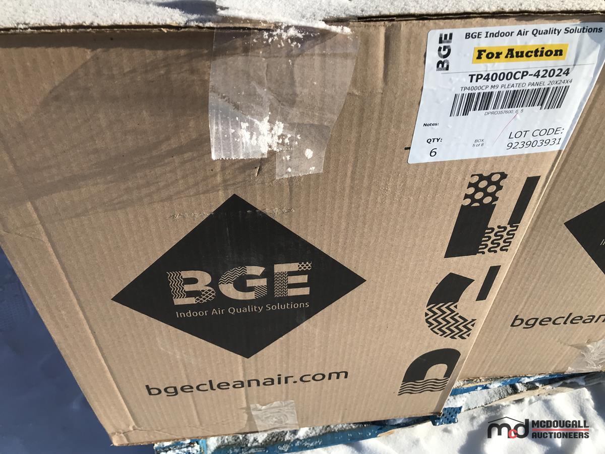 Pallet of BGE Filters, Metal Riga-Flo, Bosch Case, Tool Bag & Pleated Panel