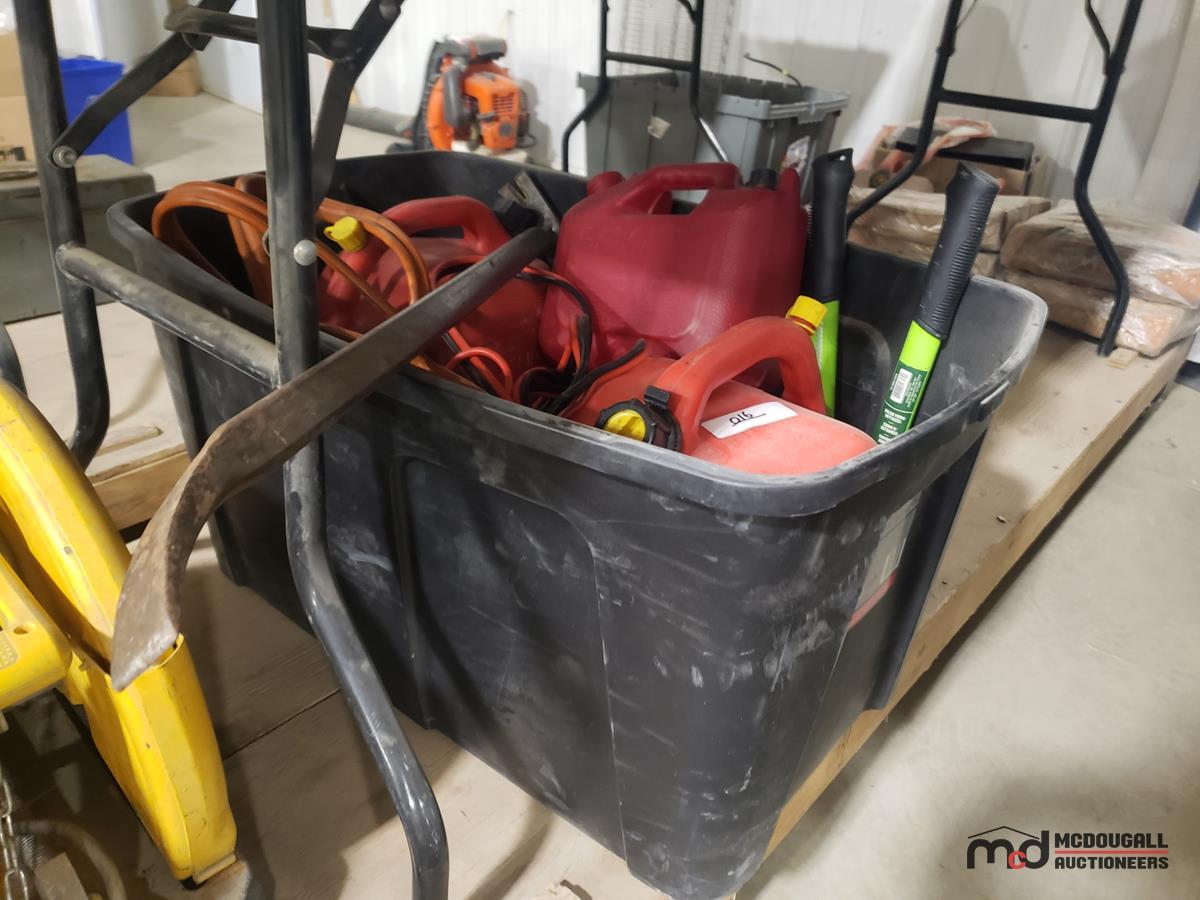 Bin of Jerry Cans, Pry-Bar, Booster Cables & Misc.