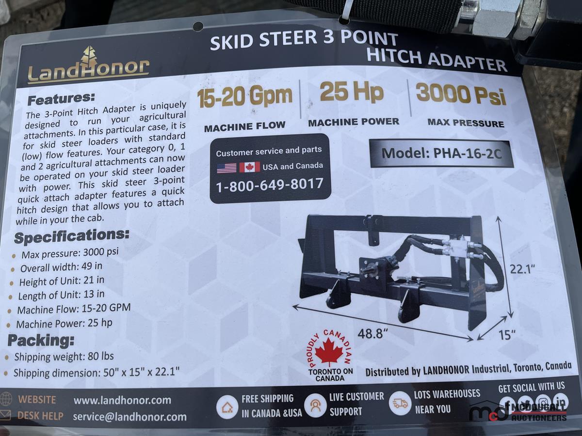 2024 LandHonor PHA-16-2C Skid Steer 3-Point Hitch Adapter
