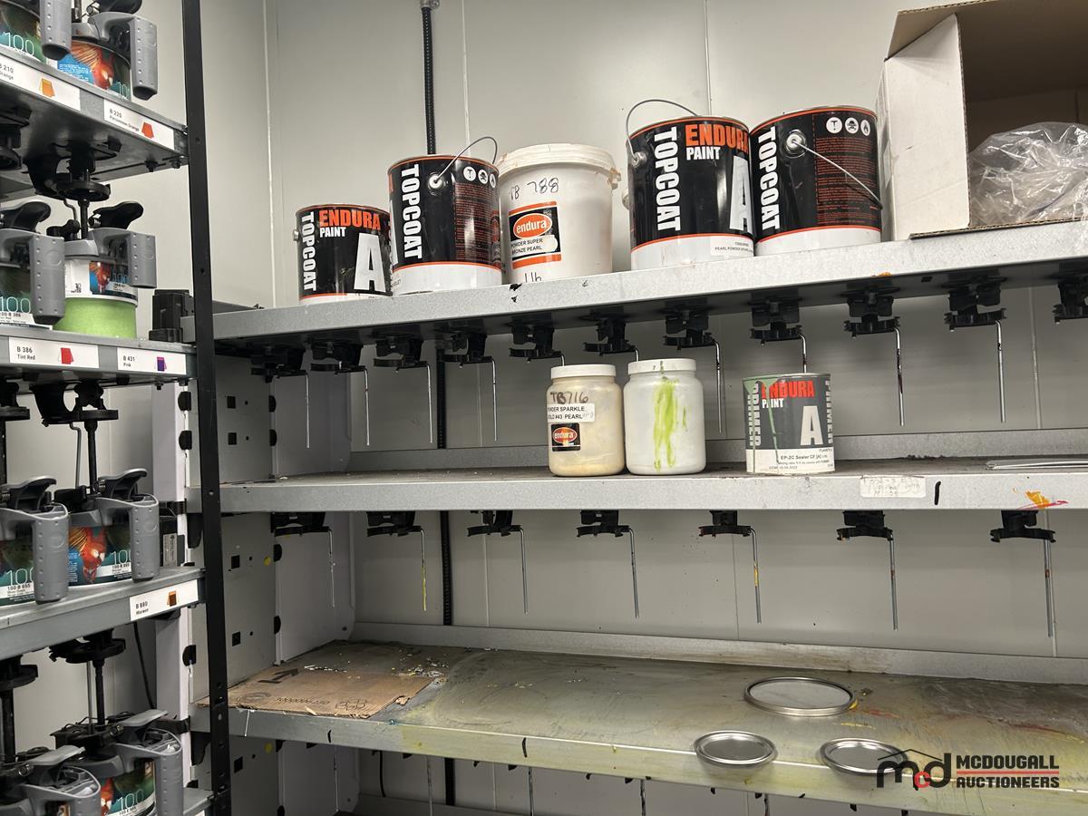 Contents of Paint Mixing Room Including Racks, Scales and More