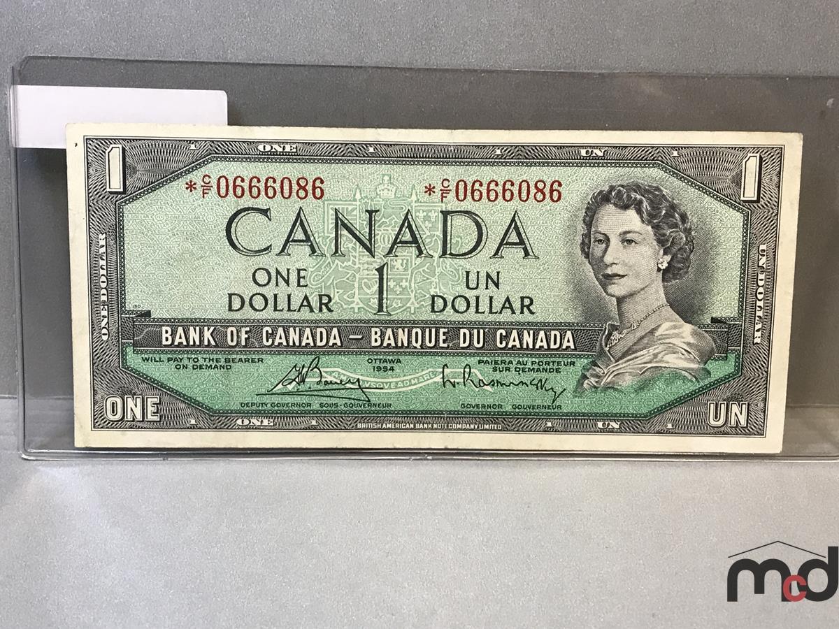 1954 Bank of Canada 1 Dollar Replacement (C/F) Special Serial Number ...