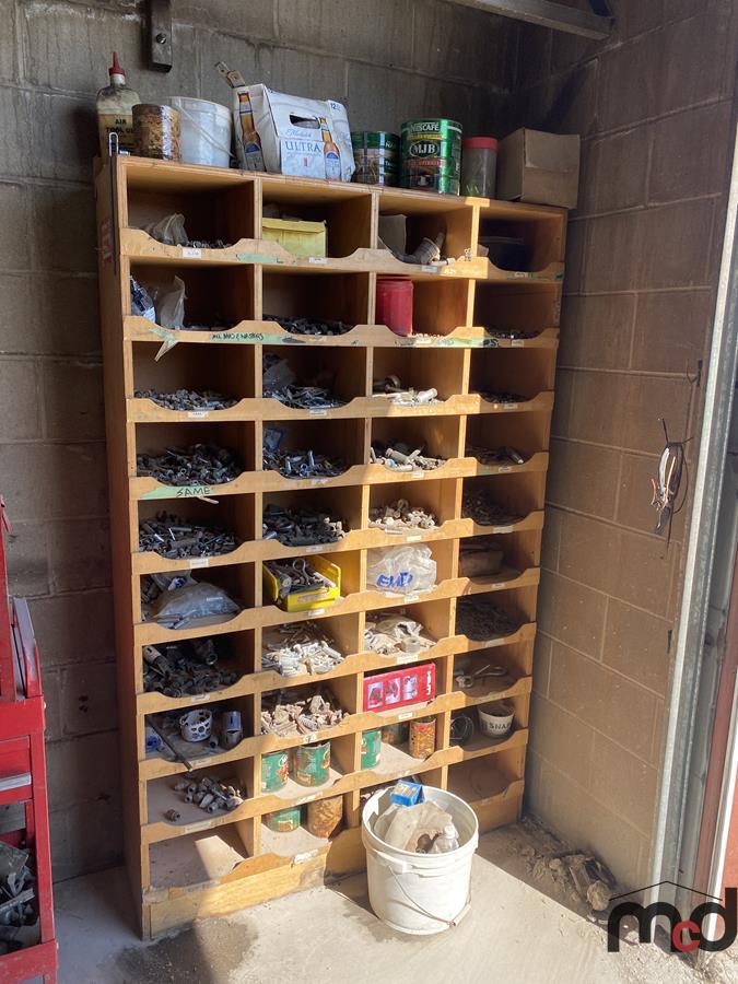 6' Wood 40-Hole Bolt Bin w/ Contents