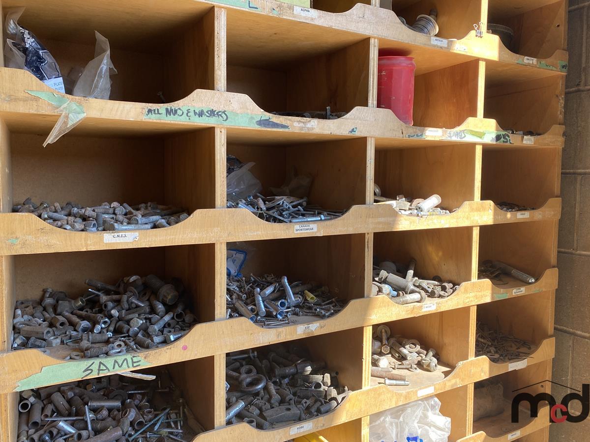 6' Wood 40-Hole Bolt Bin w/ Contents