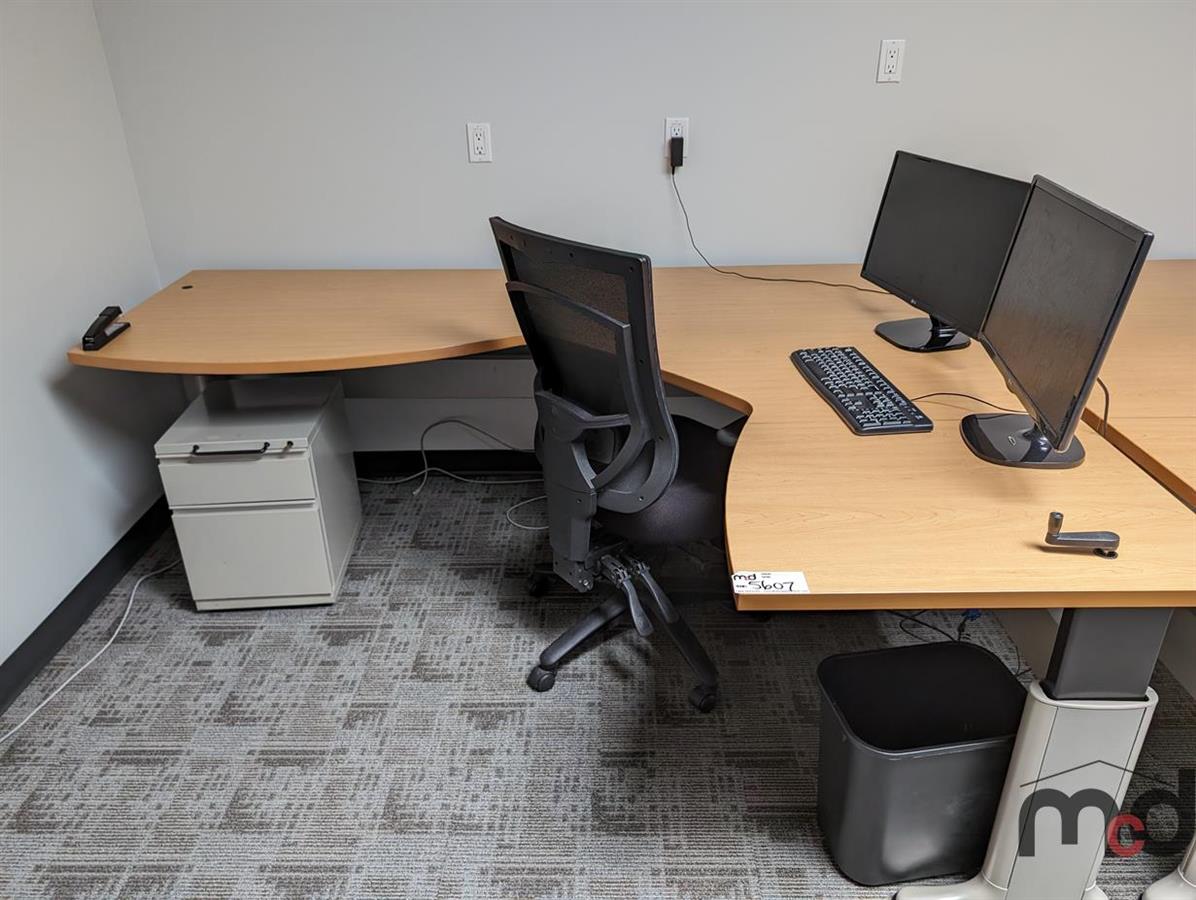 Adjustable Table w/ Chair, Monitors, Keyboard & Filing Cabinet