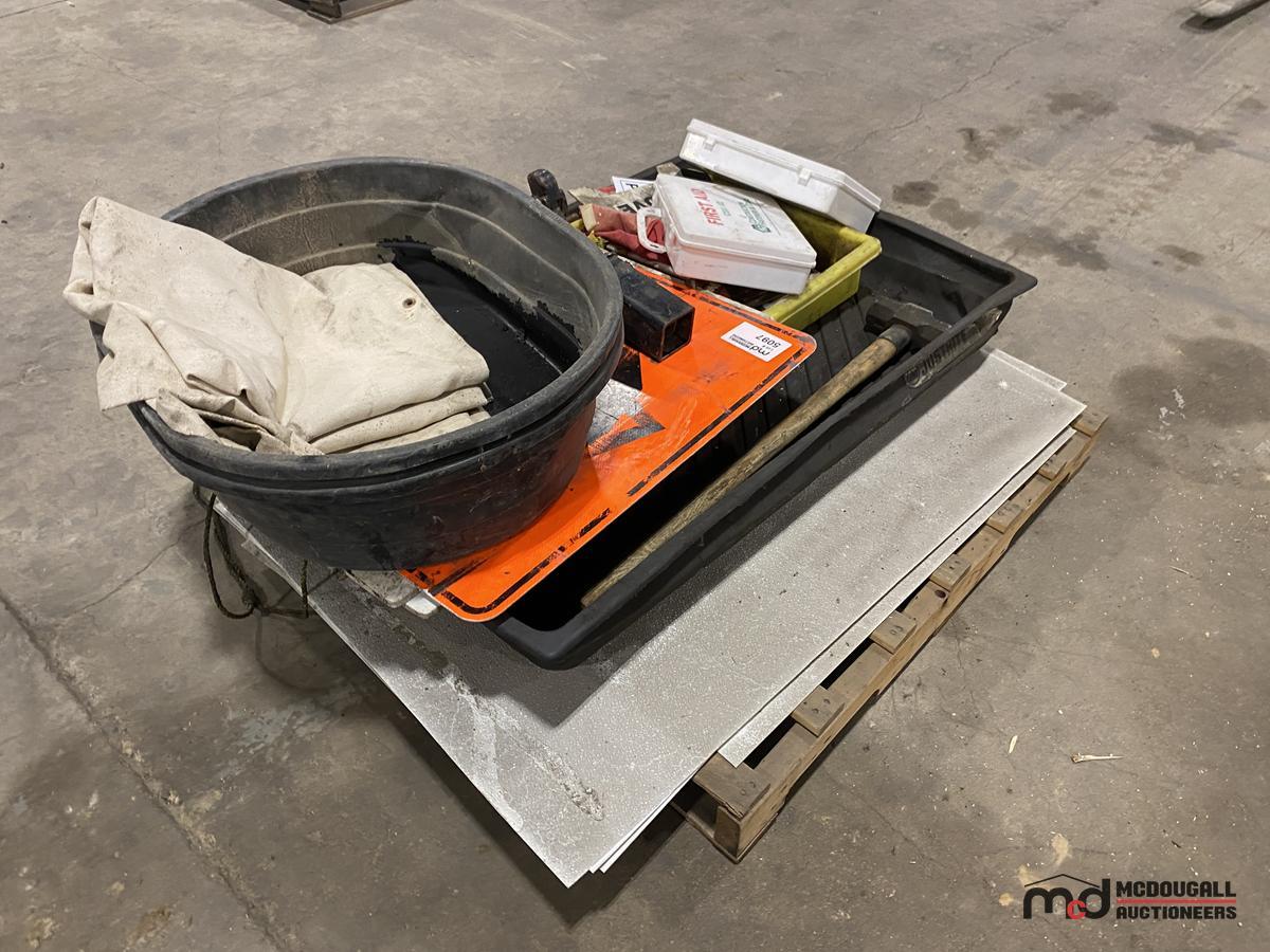 Pallet of Spill Trays, Signs, Hitch & More