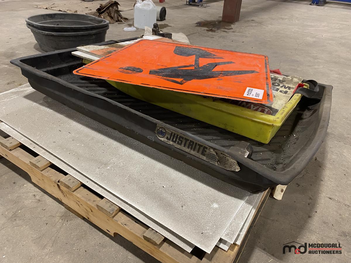 Pallet of Spill Trays, Signs, Hitch & More