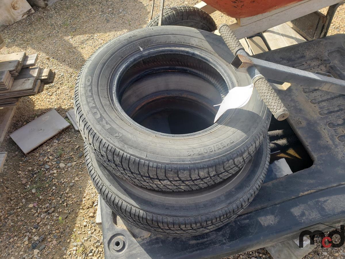 Pallet w/ Wheel Barrow, Oil Drainage Cart & (2) Tires