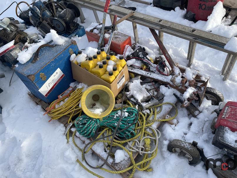 Winches, Ropes, Extension Cord, Wooden Box, Funnel and Box of Pennzoil ...