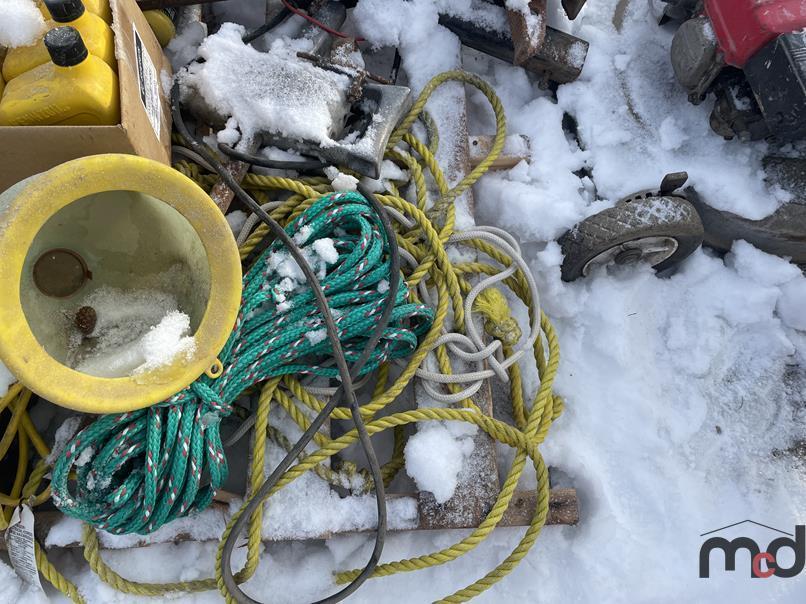 Winches, Ropes, Extension Cord, Wooden Box, Funnel and Box of Pennzoil ...