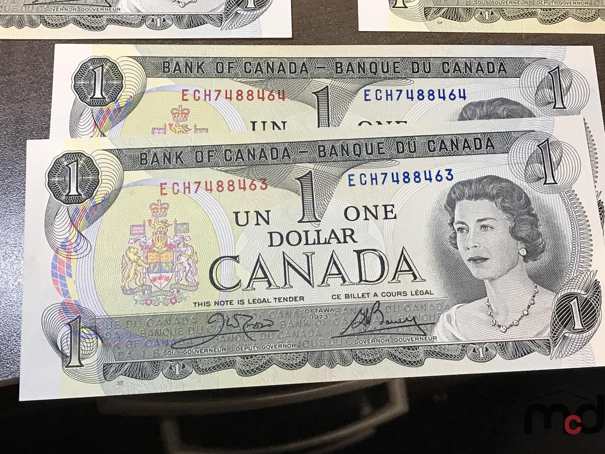 1973 Bank of Canada (10) Crisp Uncirculated $1 Banknotes - (5 Sets of 2 ...