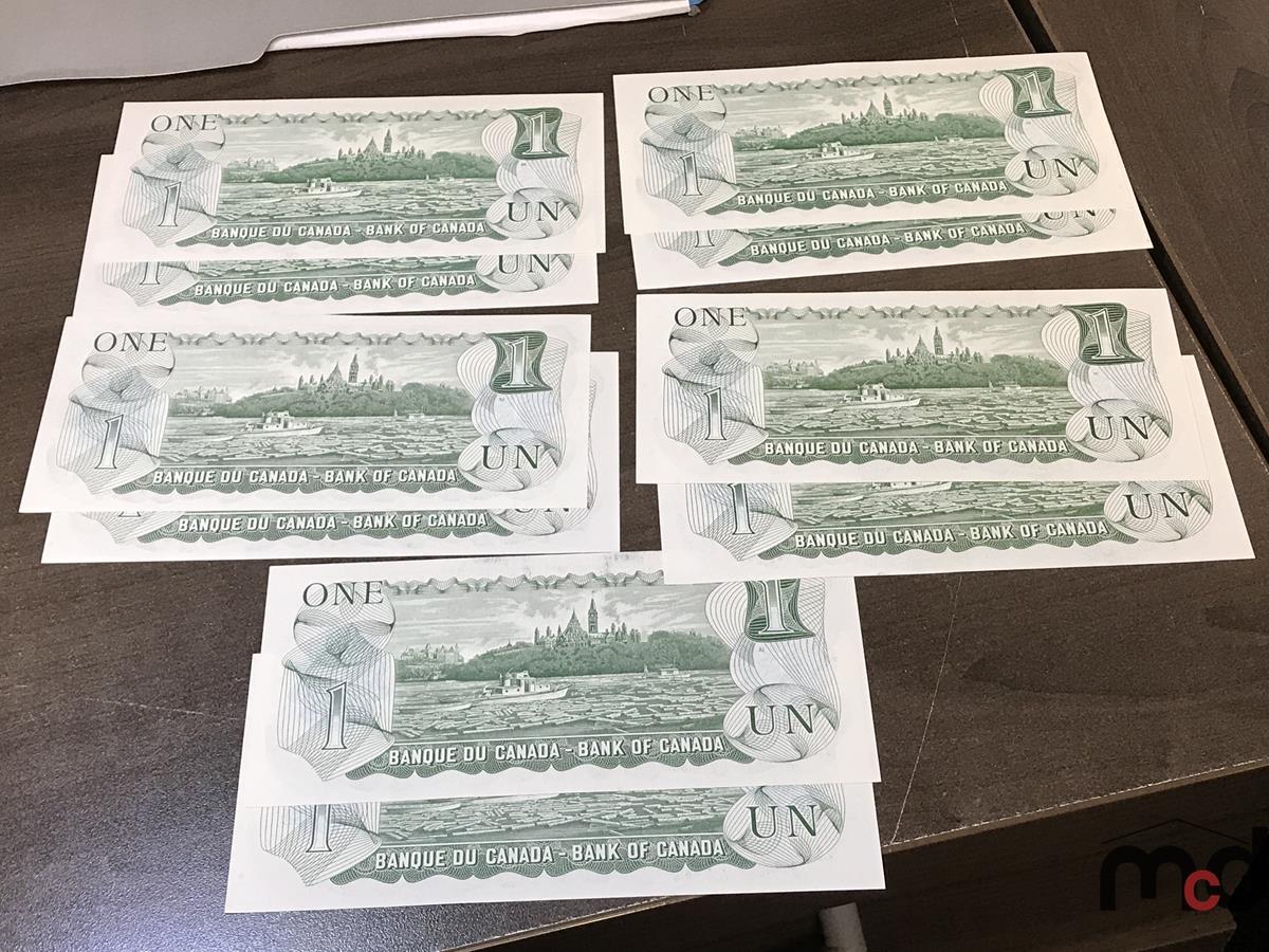 1973 Bank of Canada (10) Crisp Uncirculated $1 Banknotes - (5 Sets of 2 ...