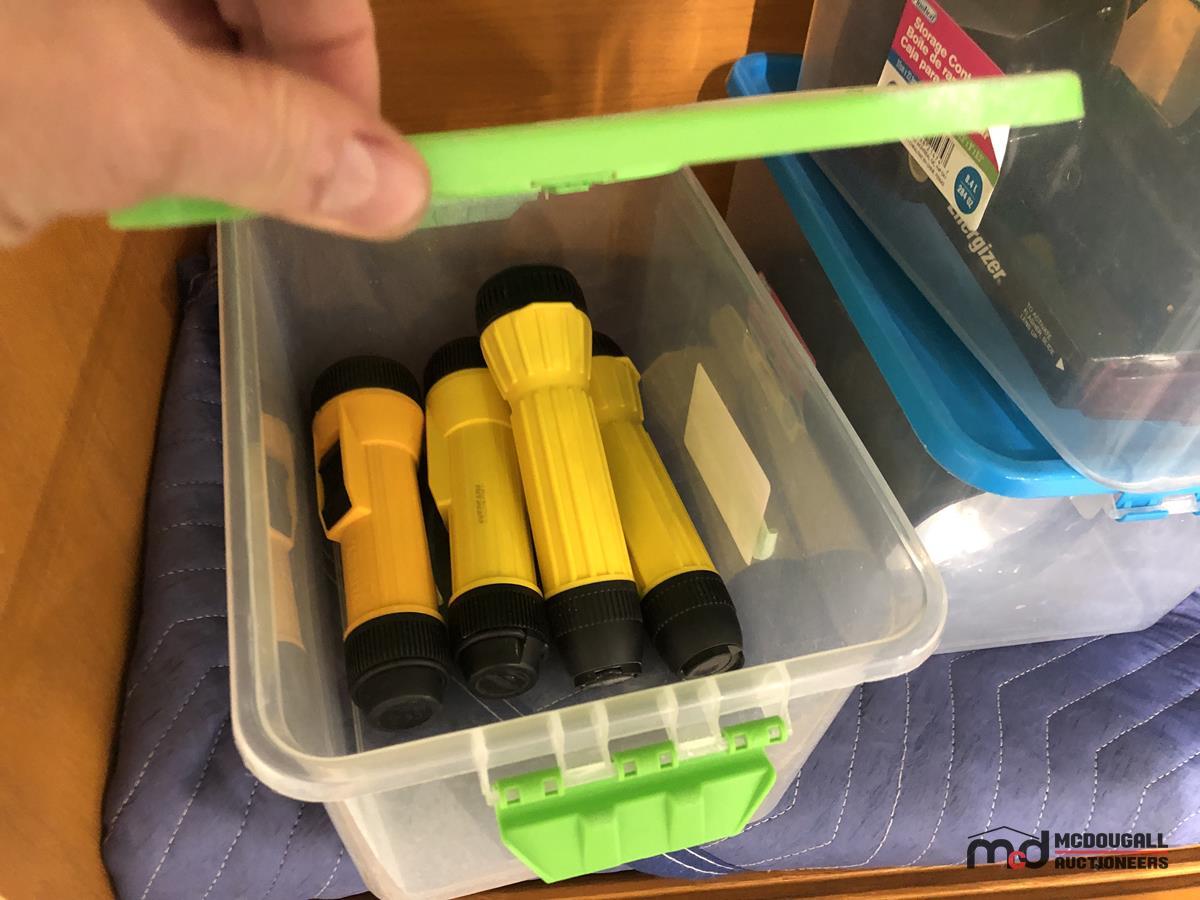 Wall Unit w/ Glass Doors & Shelves (Approx. 5' W x 6' L), Flashlights ...