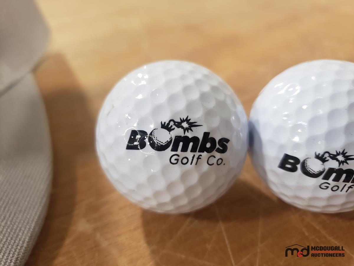 (10) Cases of a Dozen Golf Balls, (2) Bomb Golf Co. Hats & (8) Golf Divots