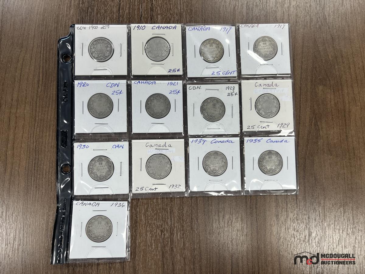 Between 1900 & 1936 Canada Collection of (13) Silver 25 Cent Coins