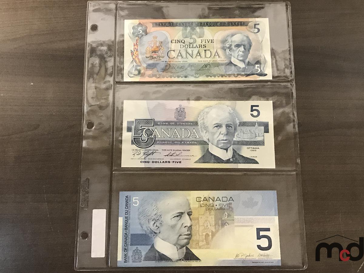 1979, 1986 & 2002 Bank of Canada (3) $5 Bank Notes - Like New