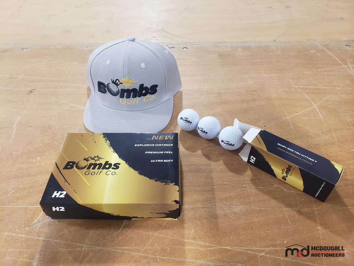 (10) Cases of a Dozen Golf Balls, (2) Bomb Golf Co. Hats & (8) Golf Divots