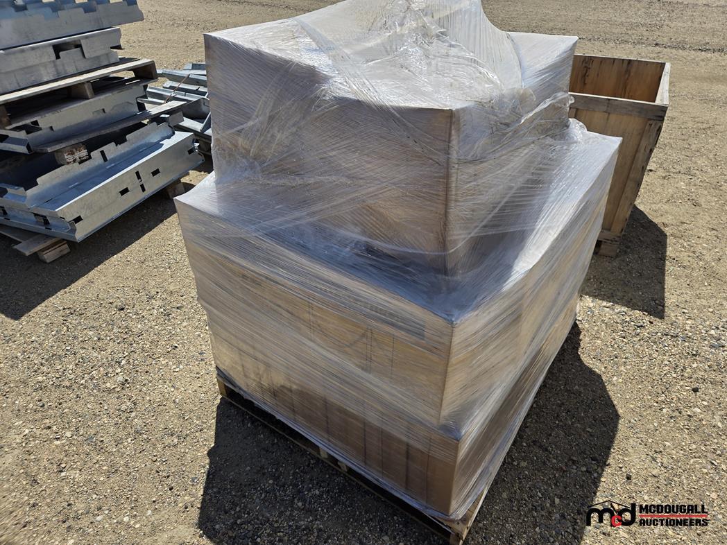 Pallet of Uline Plastic Crowd Control Barriers and Steel Pipe Mounts