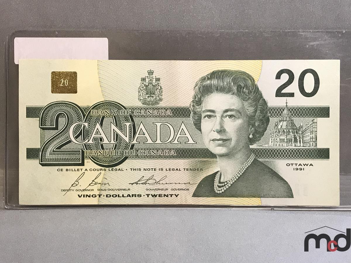 1991 Bank of Canada $20 Bank Note Like New with 2-Digit Radar Serial # ...