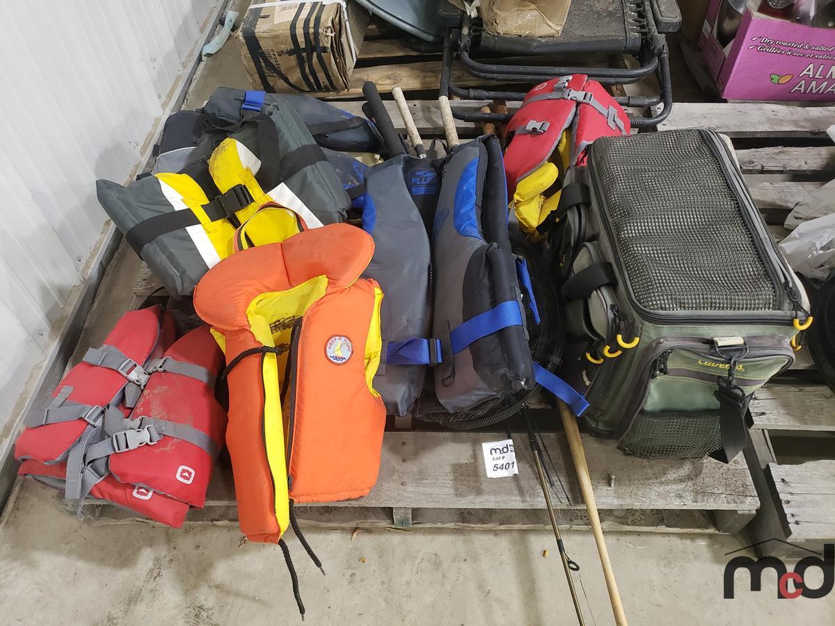 Pallet of Life Jackets, Fishing Rods and Lures