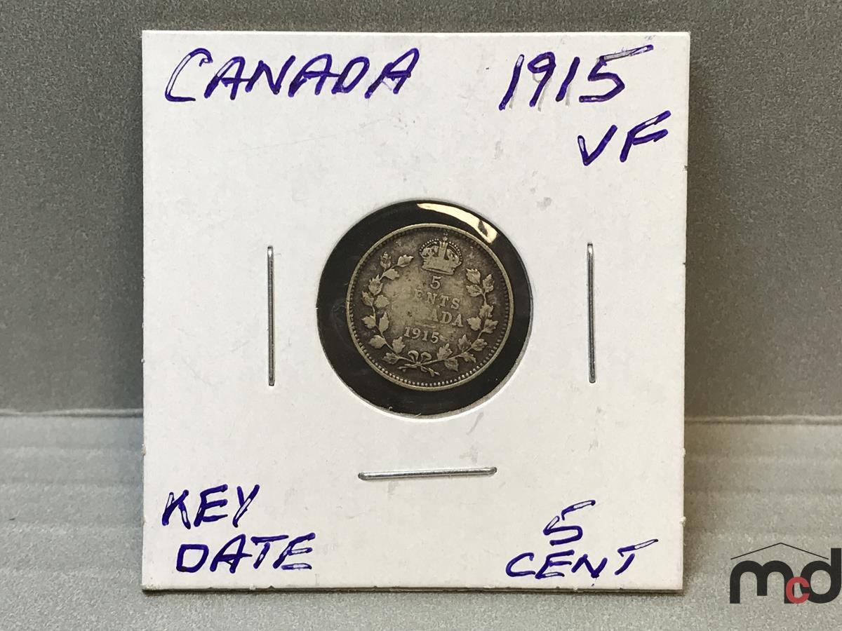 1915 Canada Silver 5 Cent Coin - Key Date