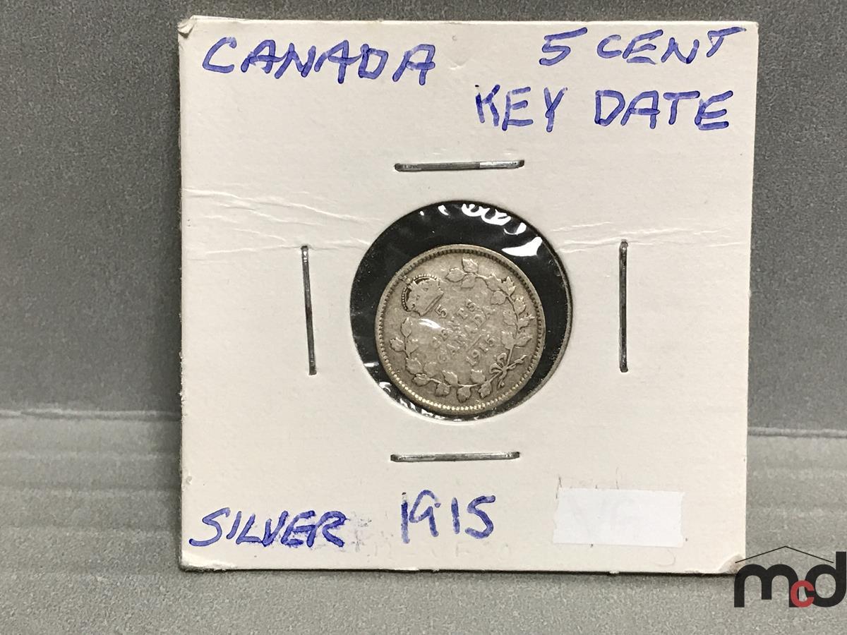 1915 Canada Silver 5 Cent Coin - Key Date