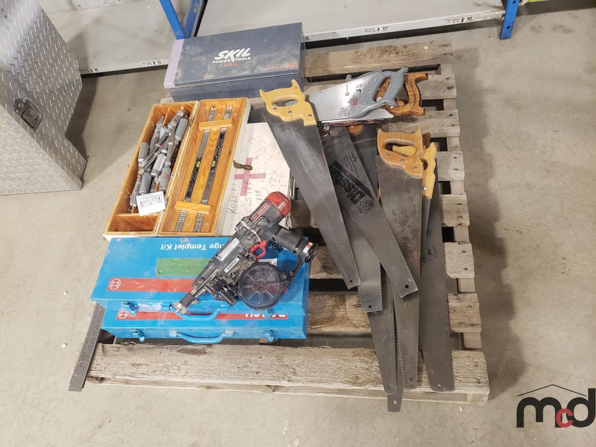 Pallet of Hand Saws, Door Jam Hinge Template Kits, Reciprocating Saw ...