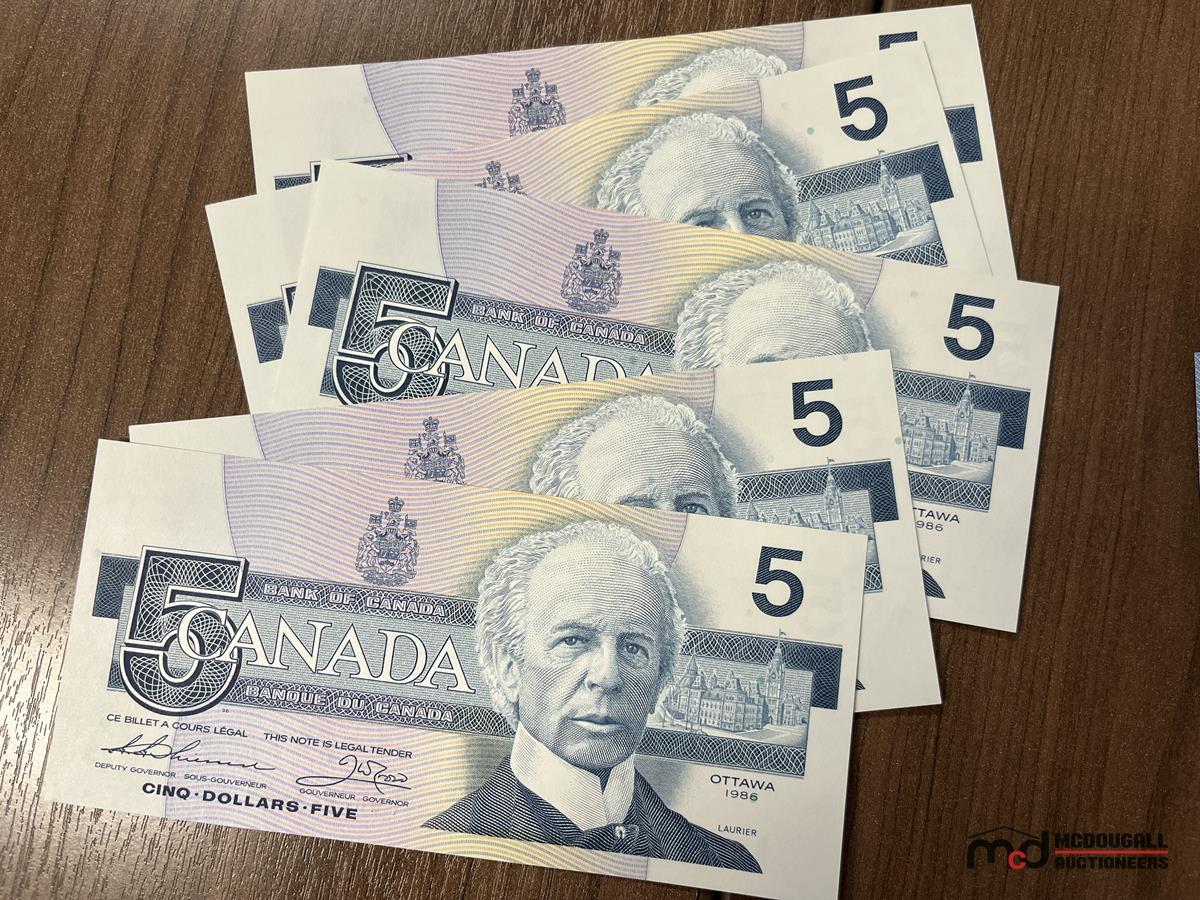 2001 Bank of Canada (5) Gem Uncirculated $5 Banknotes w/ Consecutive ...