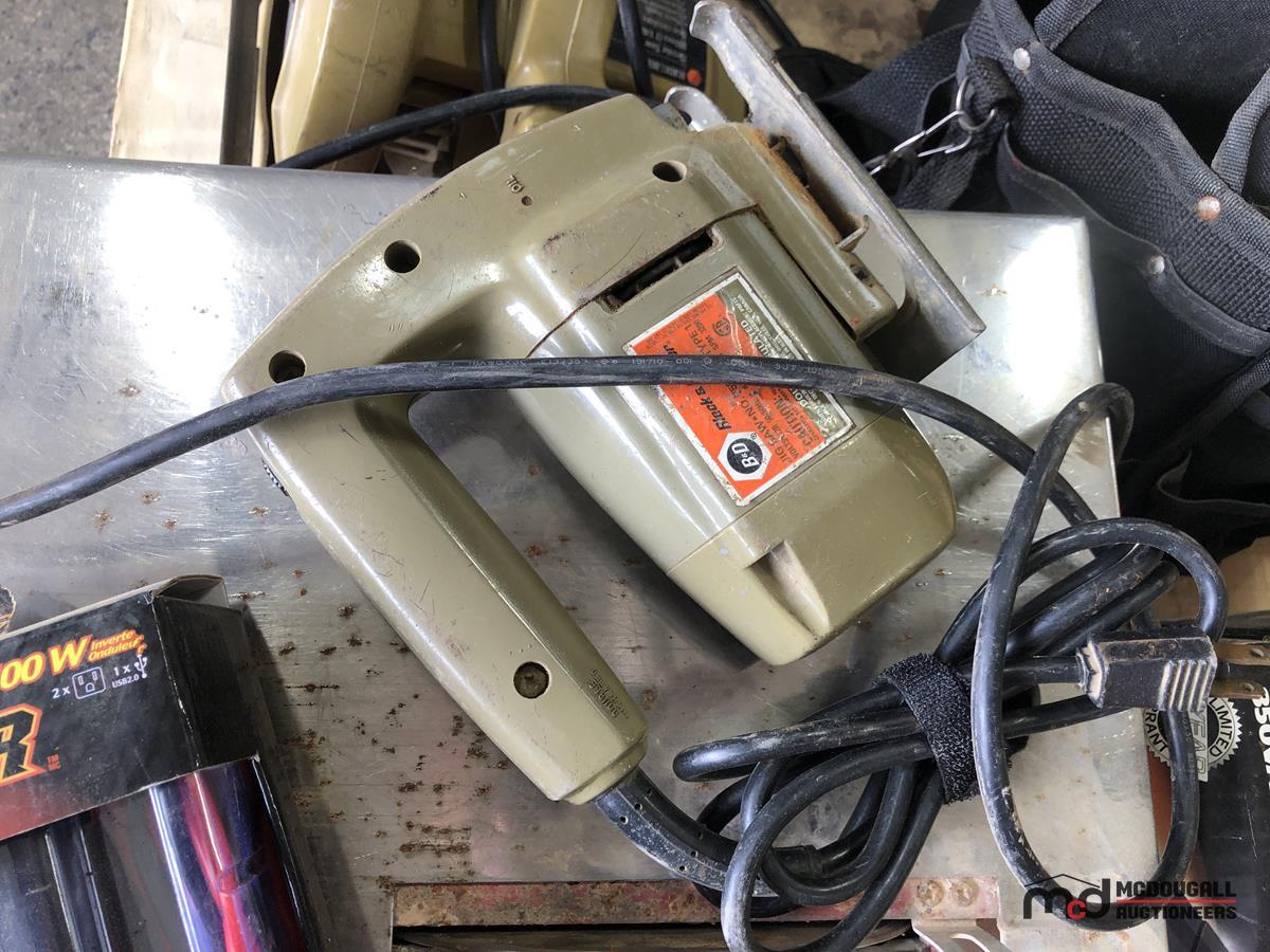 Small Table Saw, (2) Corded Saws, Power Bar, Tool Case, Spray Gun and More