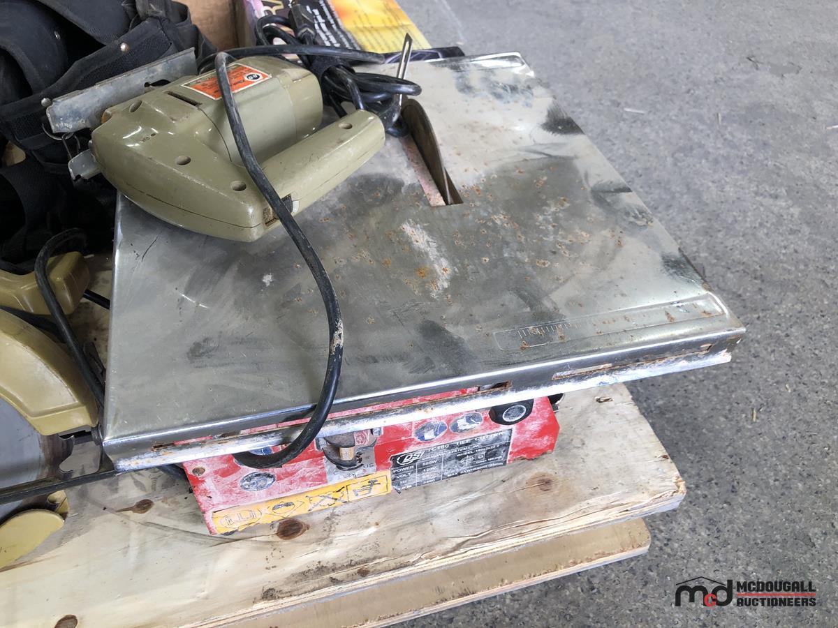 Small Table Saw, (2) Corded Saws, Power Bar, Tool Case, Spray Gun and More