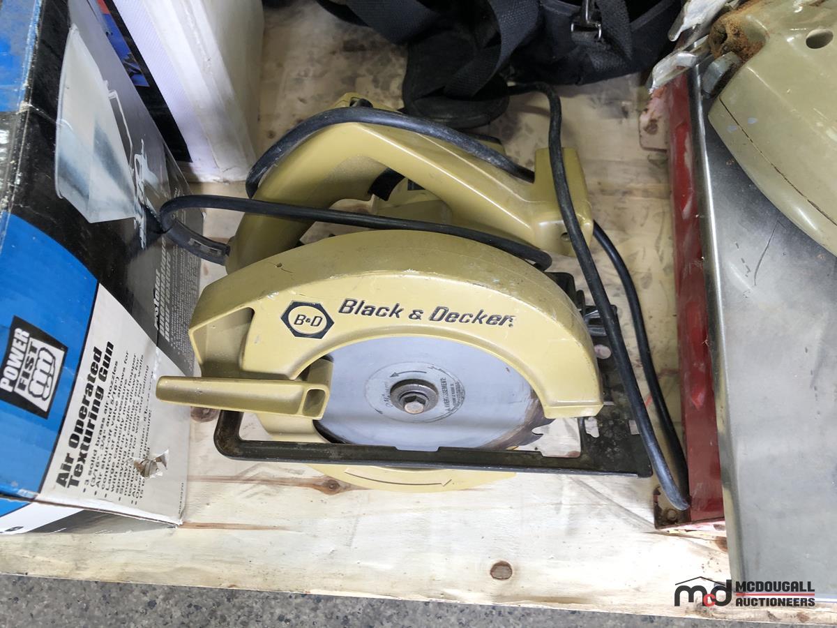 Small Table Saw, (2) Corded Saws, Power Bar, Tool Case, Spray Gun and More