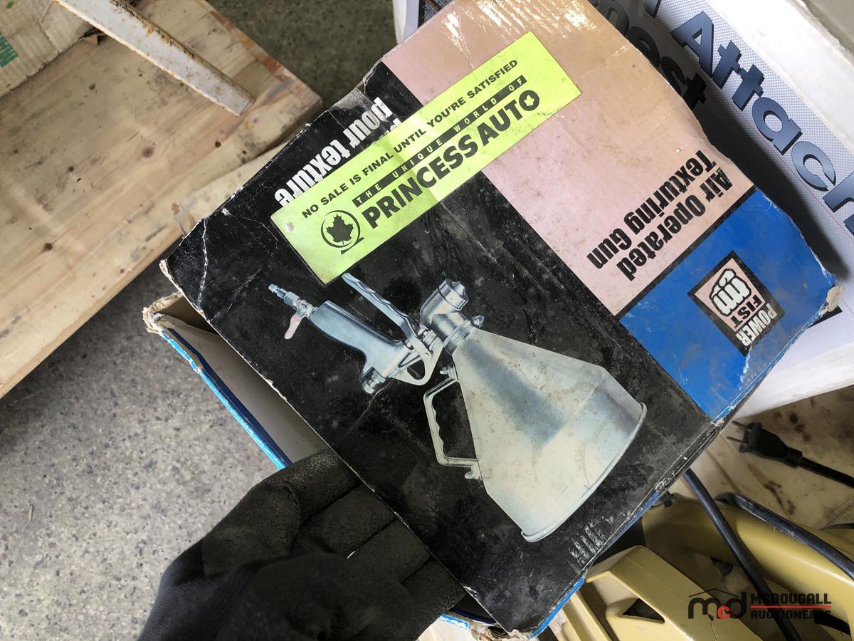 Small Table Saw, (2) Corded Saws, Power Bar, Tool Case, Spray Gun and More