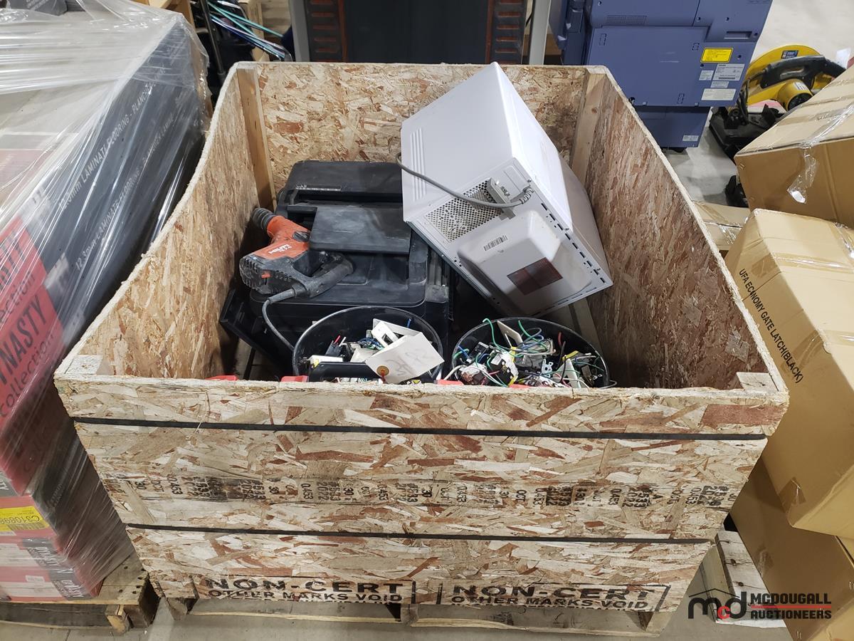 Crate w/ Empty Hilti Tool Box, Buckets of Misc. Electronics Components ...