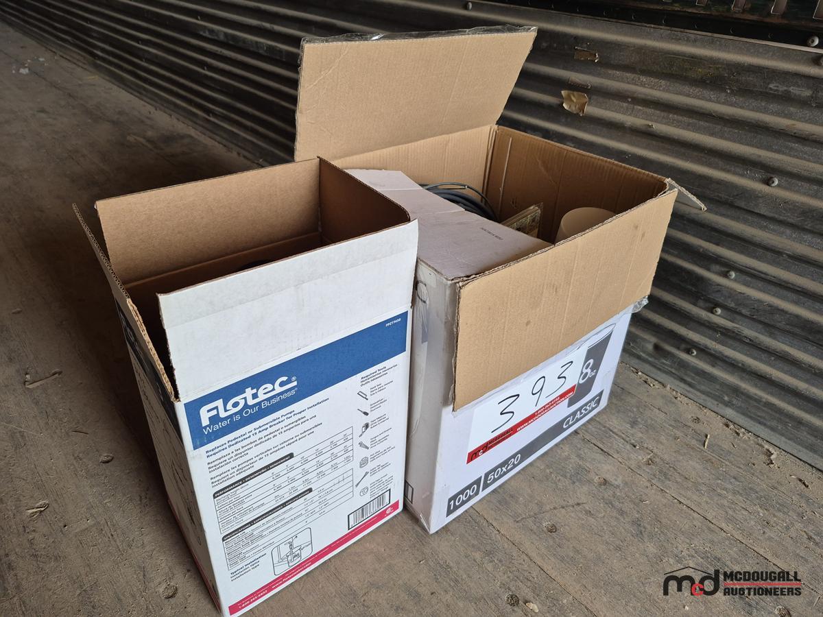 Flotec Sump Pump & Box of Assorted Tools/Supplies