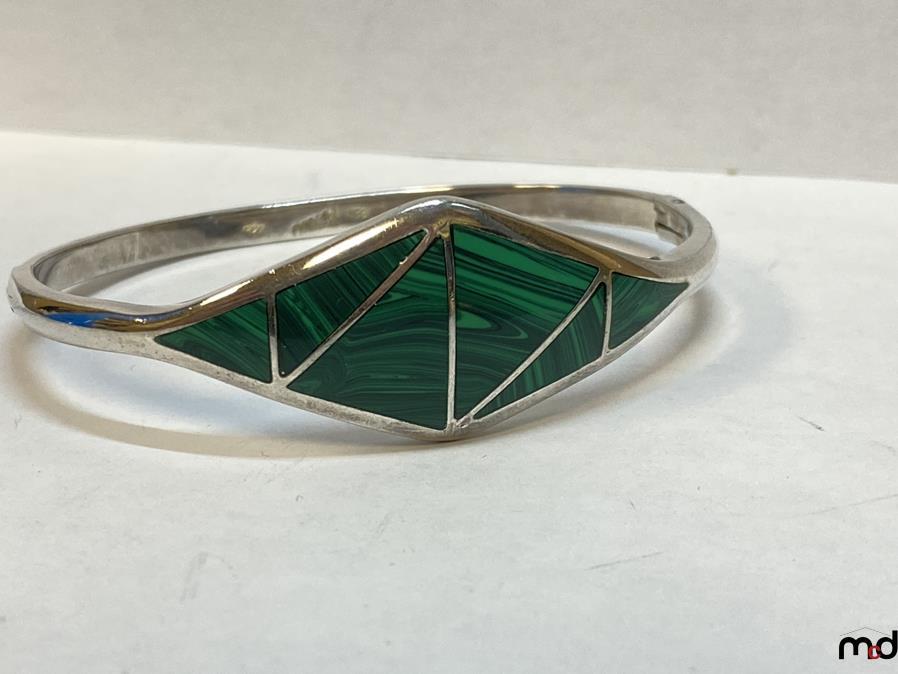 925 Sterling Silver Estate Malachite Inlaid Hinge Bangle