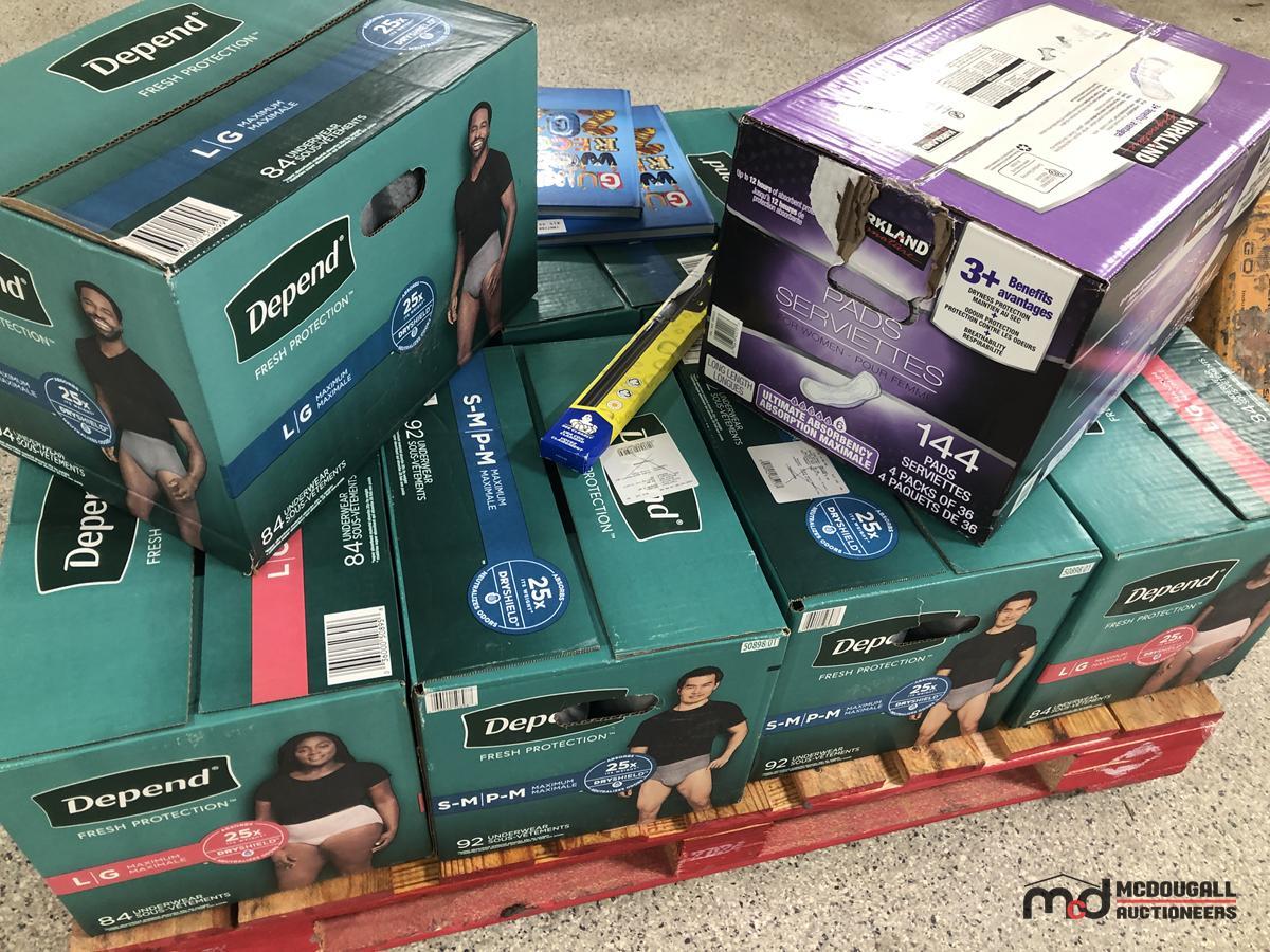 (8) Boxes of Depends (Various Sizes/Styles), Box of Feminine Pads, (2 ...