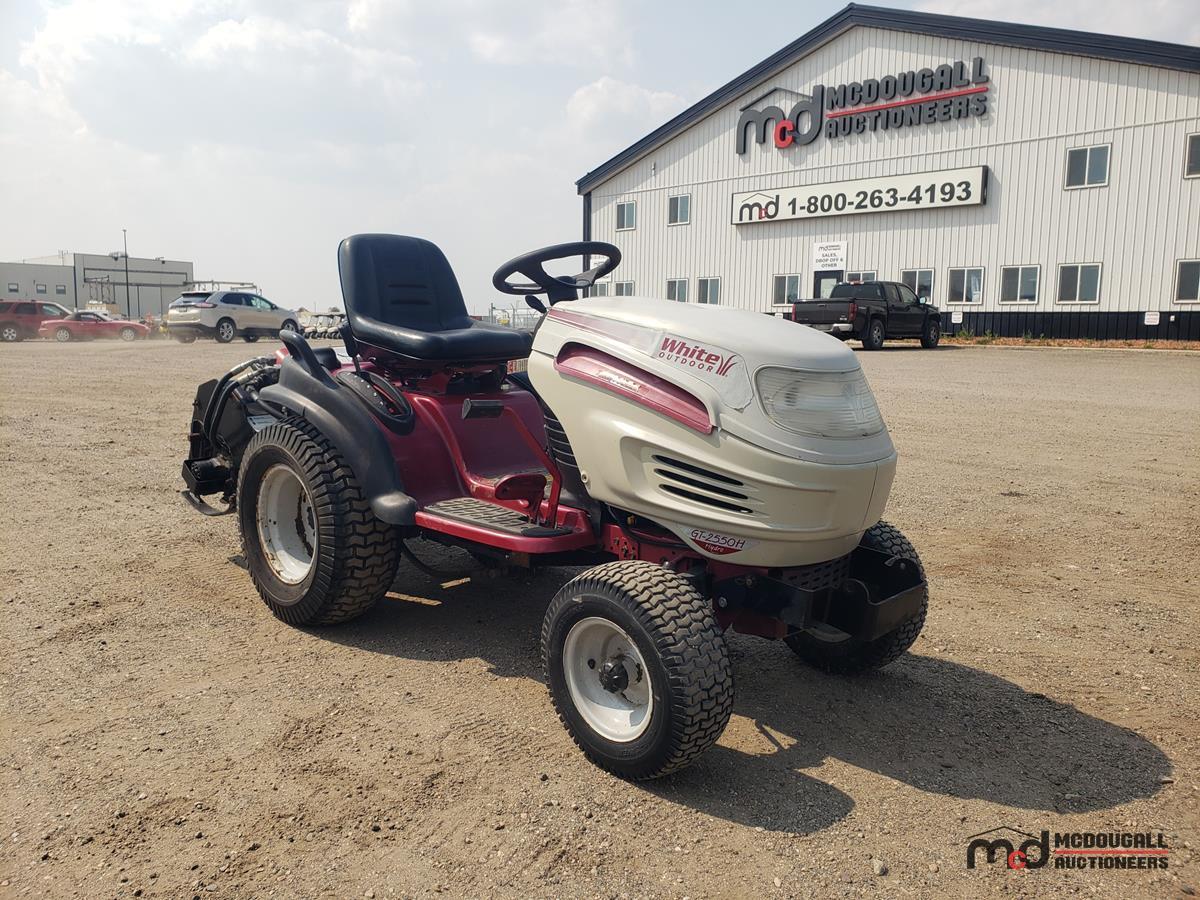 White Outdoor Riding Mower w/ Rototiller Attachment