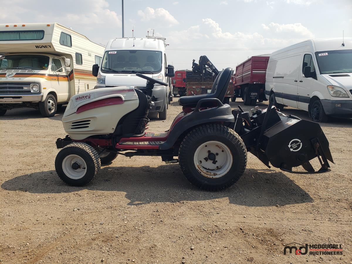 White Outdoor Riding Mower w/ Rototiller Attachment