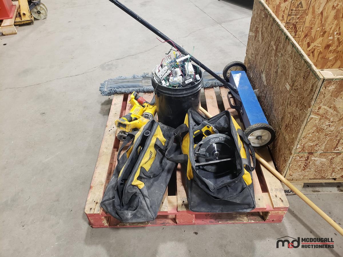 Pallet w/ DeWalt Power Tools, Bucket of Wall Outlets, Push Sweeper ...