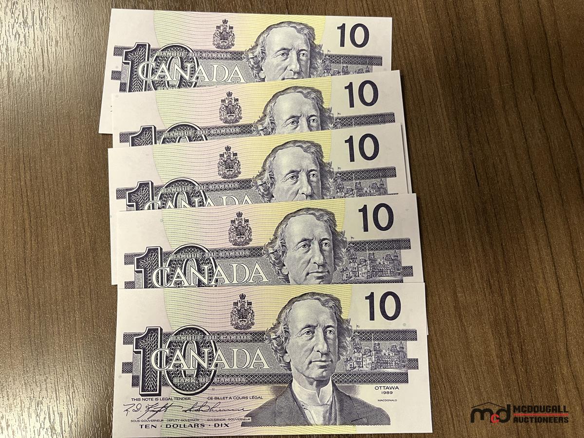 1989 Bank of Canada (5) Gem Uncirculated $10 Banknotes w/ Consecutive ...