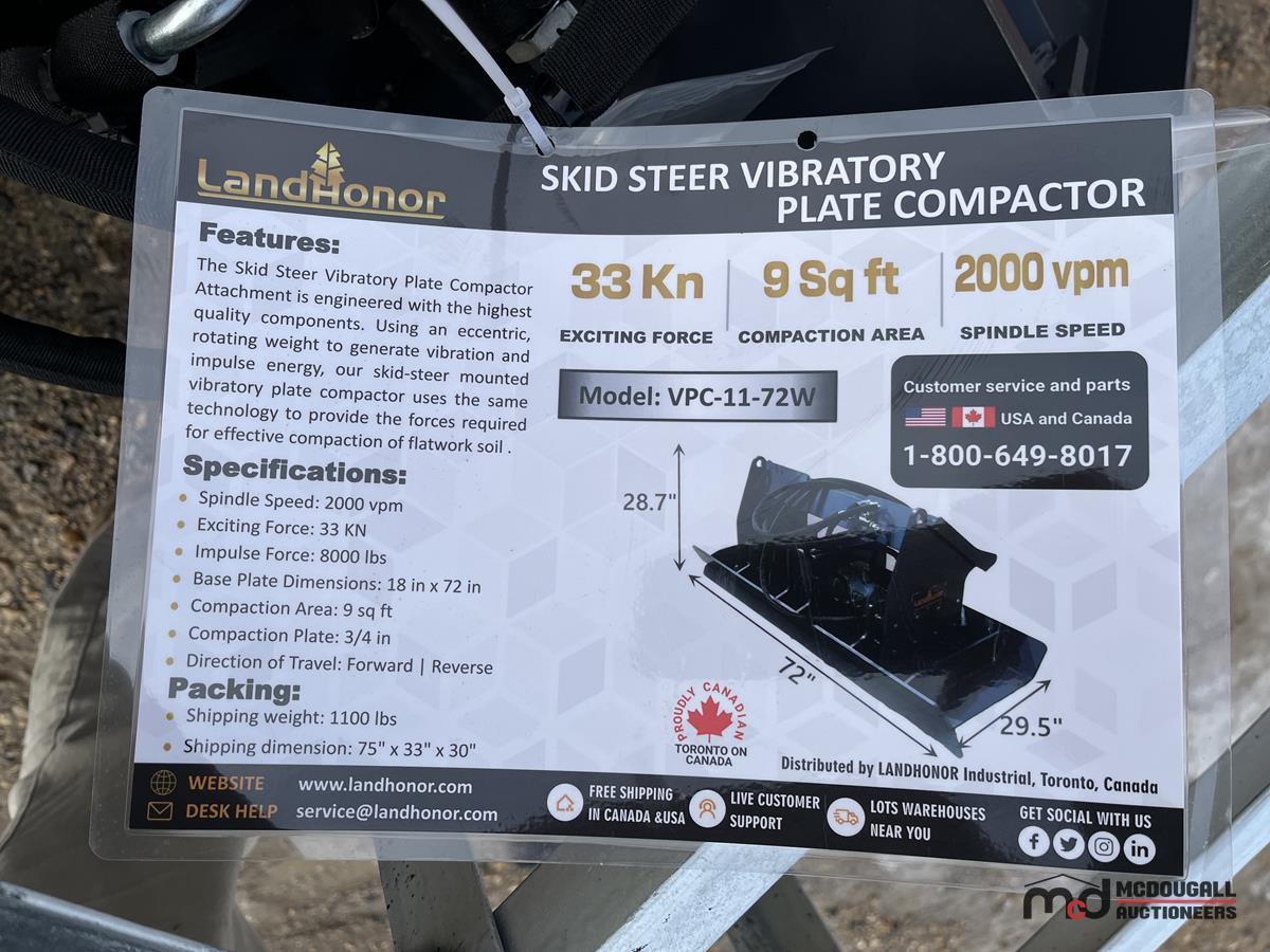 2024 LandHonor VPC-11-72W Skid Steer Vibratory Plate Compactor