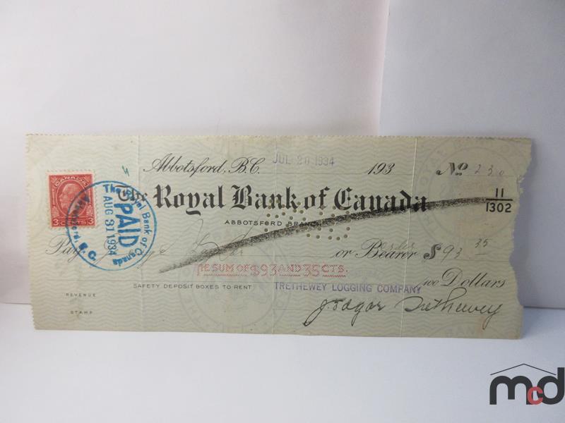 3 pcs - Cheque -1934+1937 The Royal Bank of Canada + The Canadian Bank ...