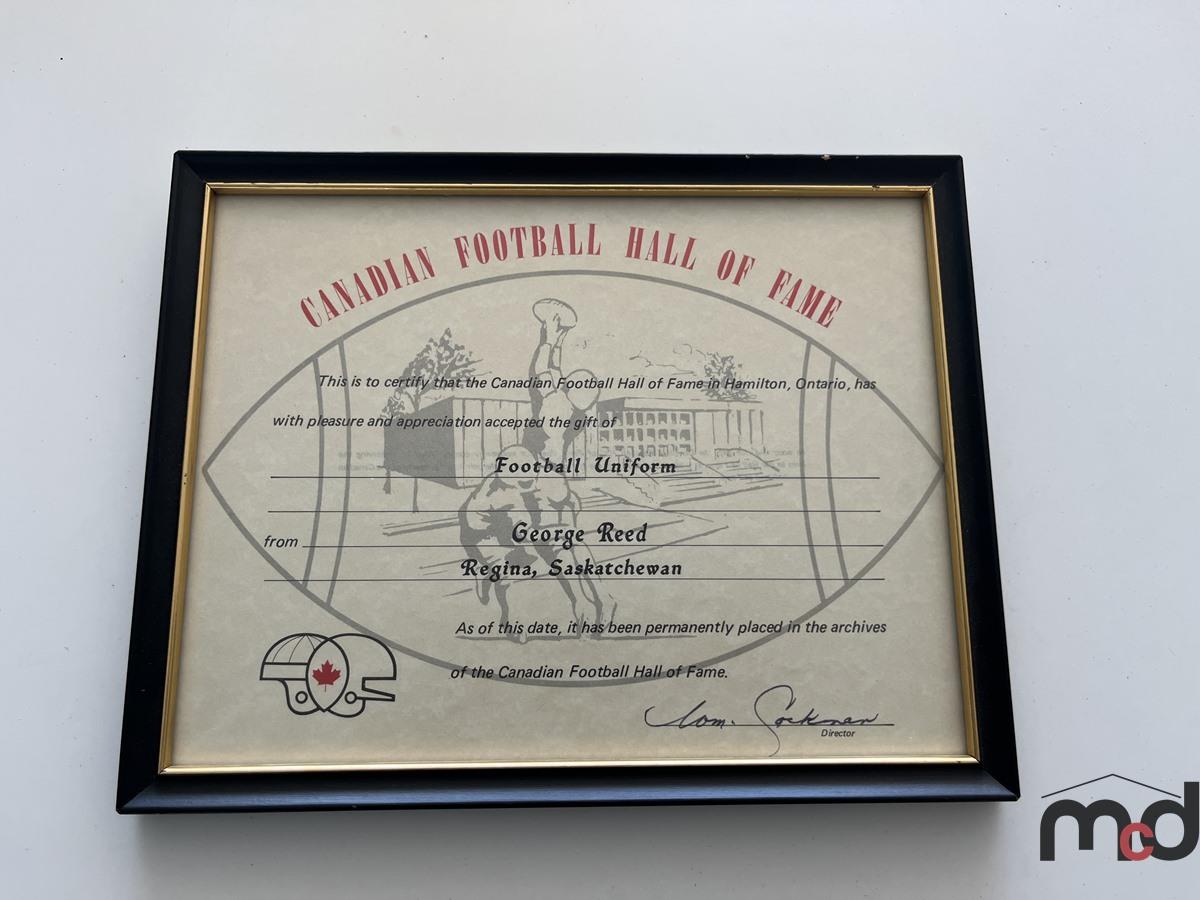 Framed Certificate from Canadian Football Hall of Fame, Acknowledging ...