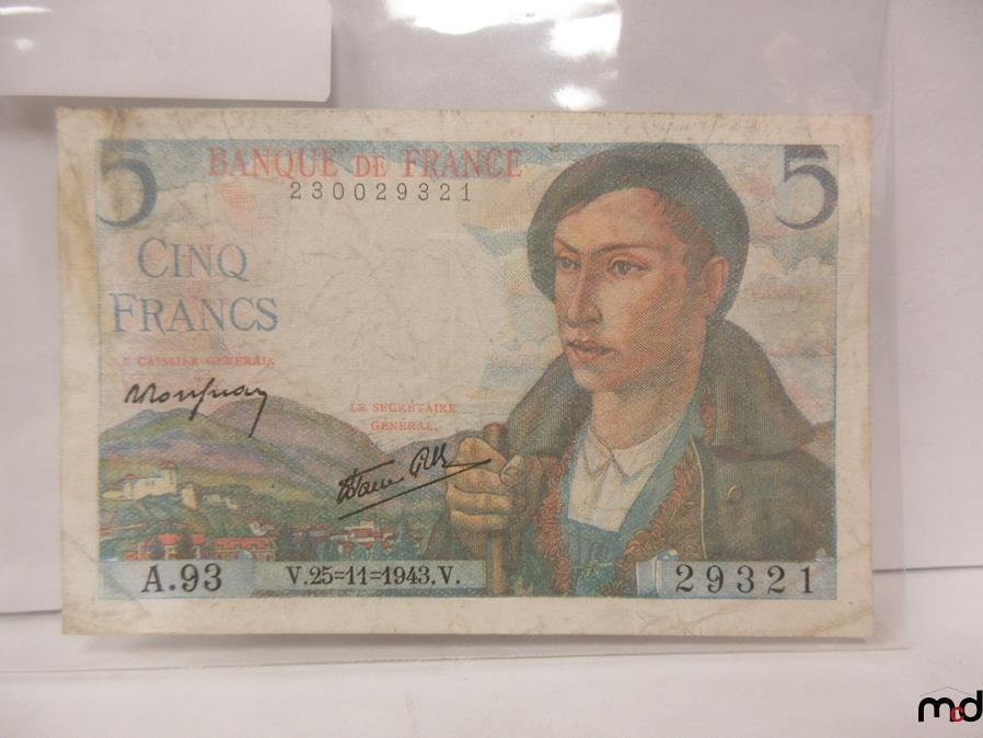 Paper Currency WWII 1943 France 5 Francs Bank Note