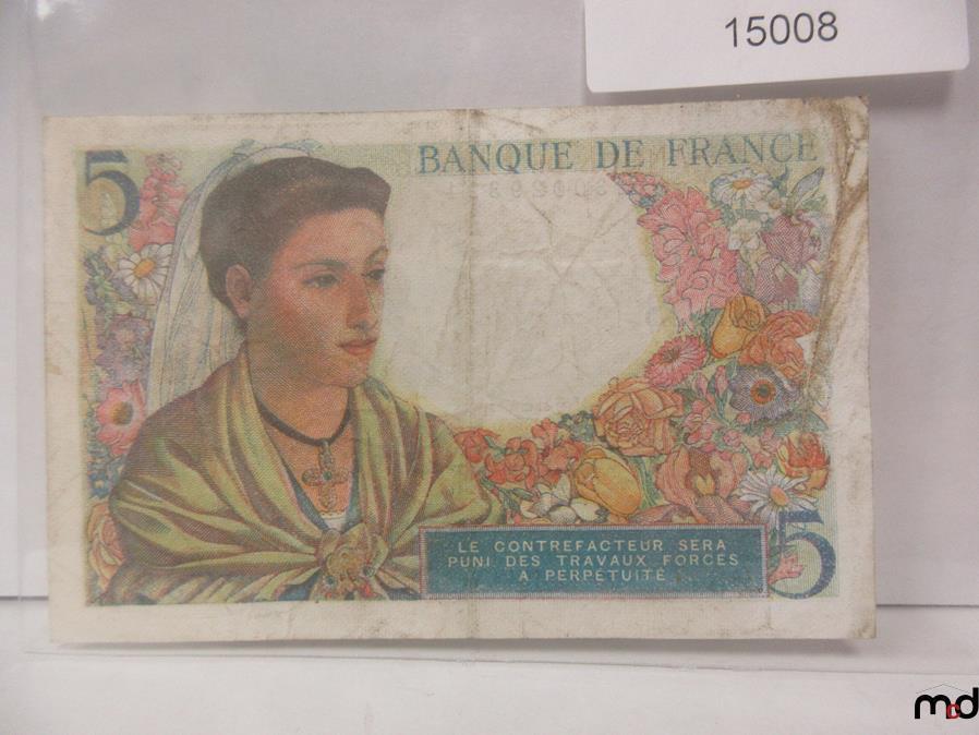 Paper Currency WWII 1943 France 5 Francs Bank Note