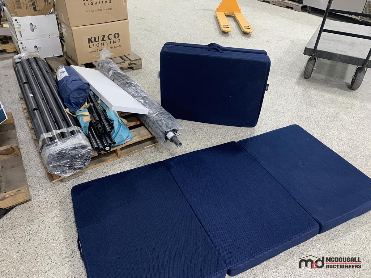 Portable Sun Shelter, Bin Storage Rack, (2) Portable Sealy Mattresses ...