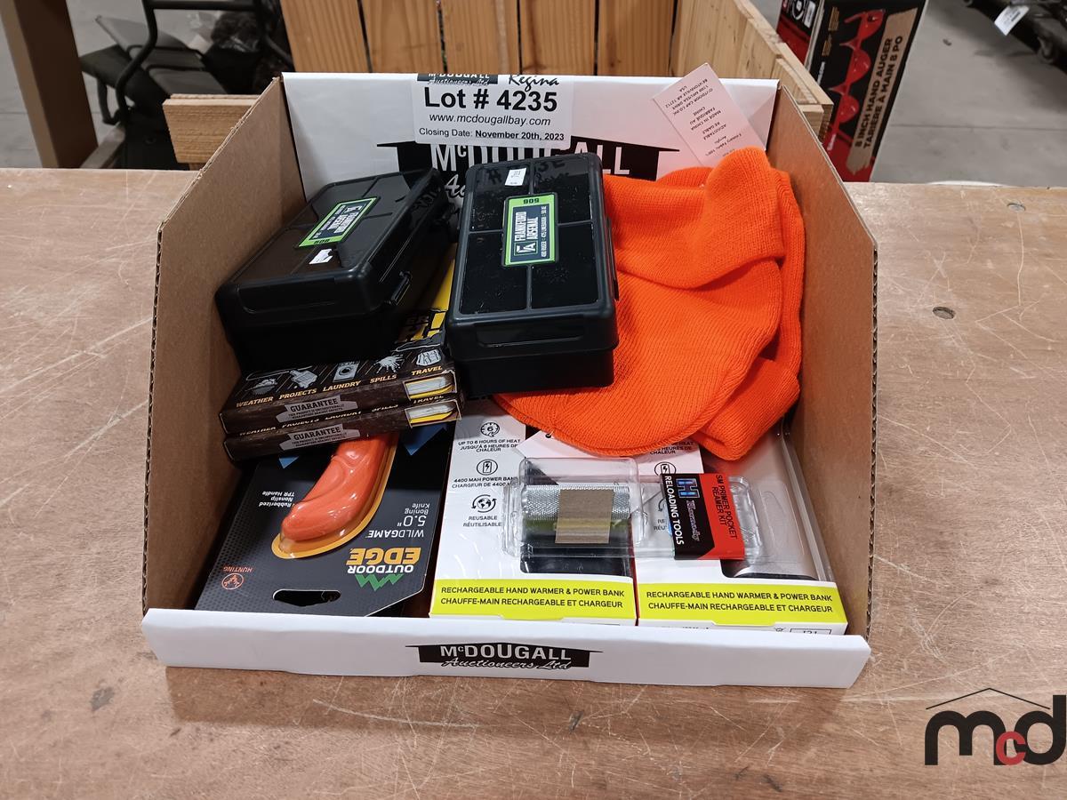 Unused Bin of Empty Ammo Cases, Hunting Toques, Notepads, Primer Pocket ...