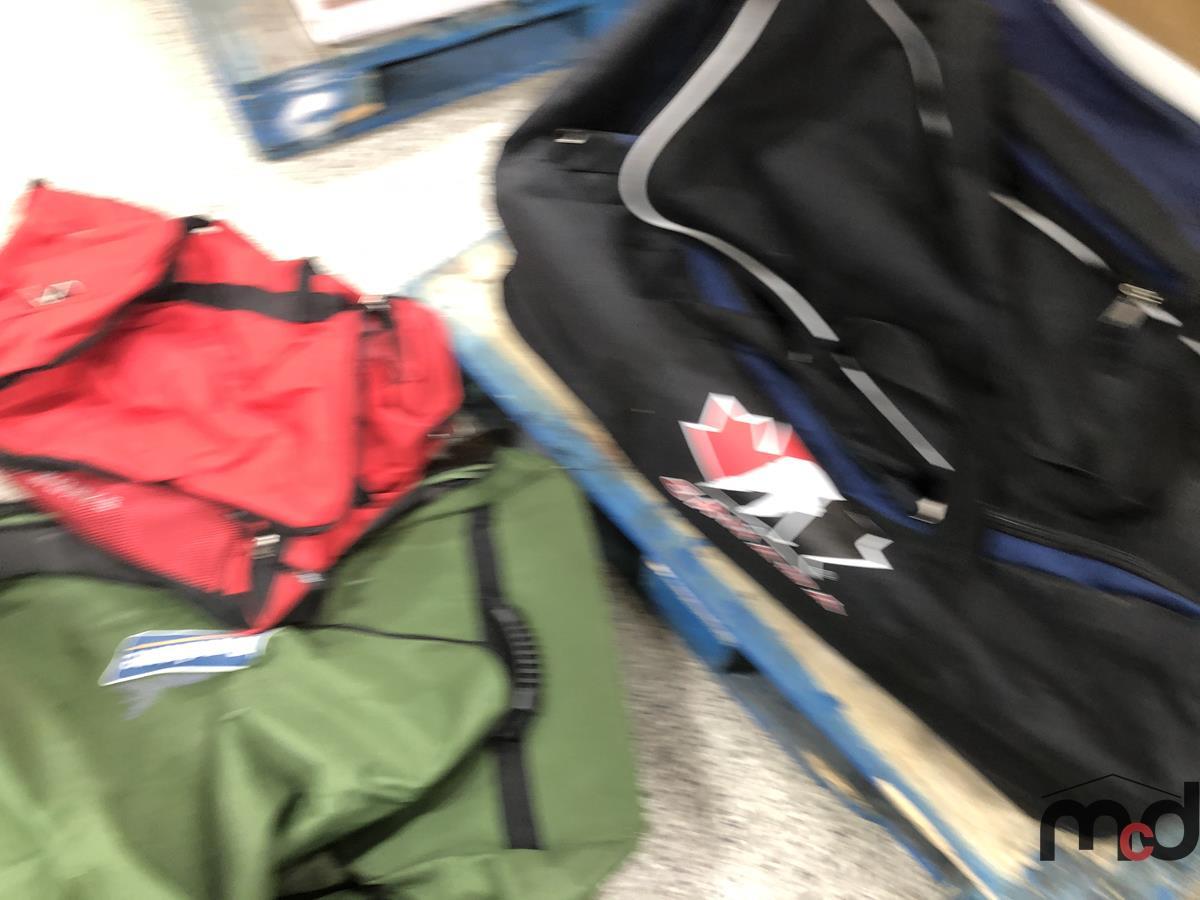 Dresser (3' x 5'), (3) Duffel Bags & (2) Wood Shelving Units