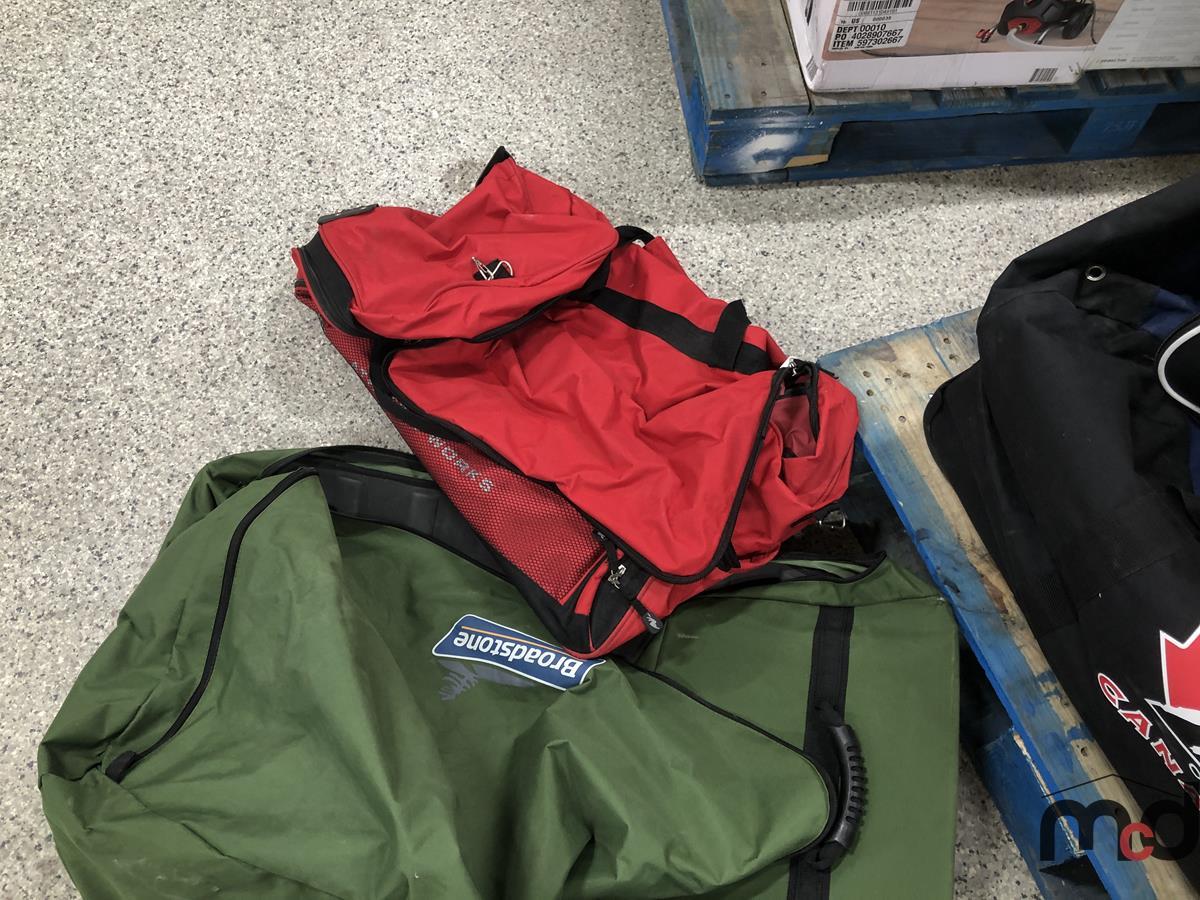 Dresser (3' x 5'), (3) Duffel Bags & (2) Wood Shelving Units