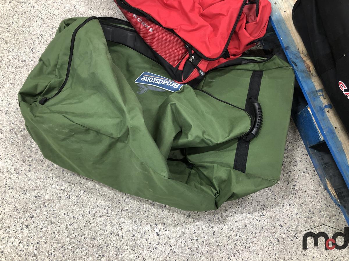 Dresser (3' x 5'), (3) Duffel Bags & (2) Wood Shelving Units